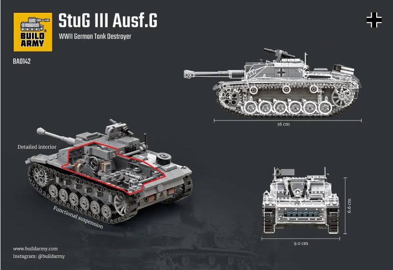 BUILD-ARMY-80142-1:33-WW2-GERMAN-Stug-III-Ausf-G-Tank-Destroyer-Brick-Model